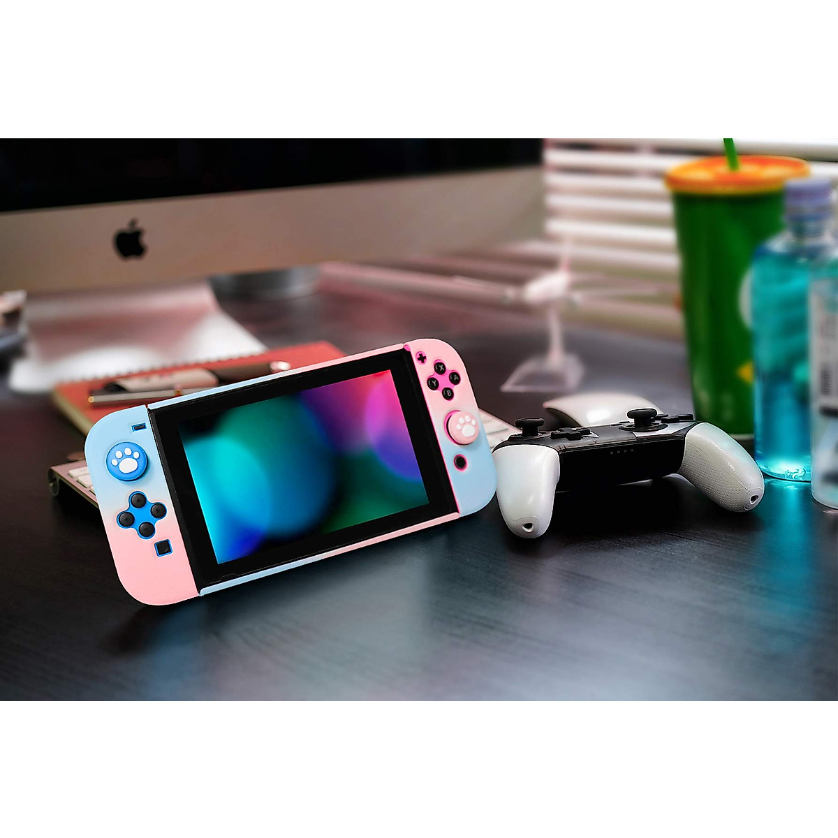 Niclogi Dockable Case for Nintendo Switch, Protective Cover Case Compatible with Nintendo Switch Console and Joy-Con Controller, Separable Hard Cover Case with 2 Thumb Grip Caps(Blue and Pink)