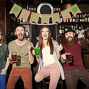 3 Pieces St Patrick's Day Garland Banner Decorations Lucky Burlap Banner Shamrock Irish Leaf Clover Banner Rustic Felt Hanging Banner for Mantel Fireplace Indoor Outdoor Saint Party Decor Supplies