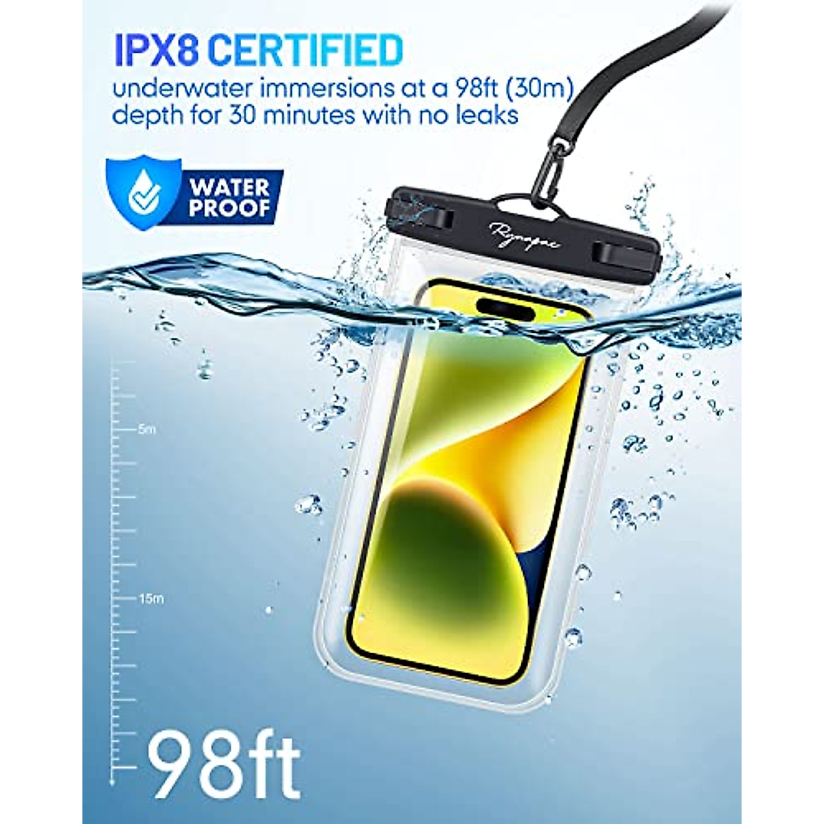 Rynapac Waterproof Phone Pouch - 7.5in Universal Water Proof Cell Phone Case for Beach Travel Must Haves, Cruise Essentials Waterproof Phone Bag with Lanyard for iPhone 15 Pro Max Galaxy S23 Pixel 7a