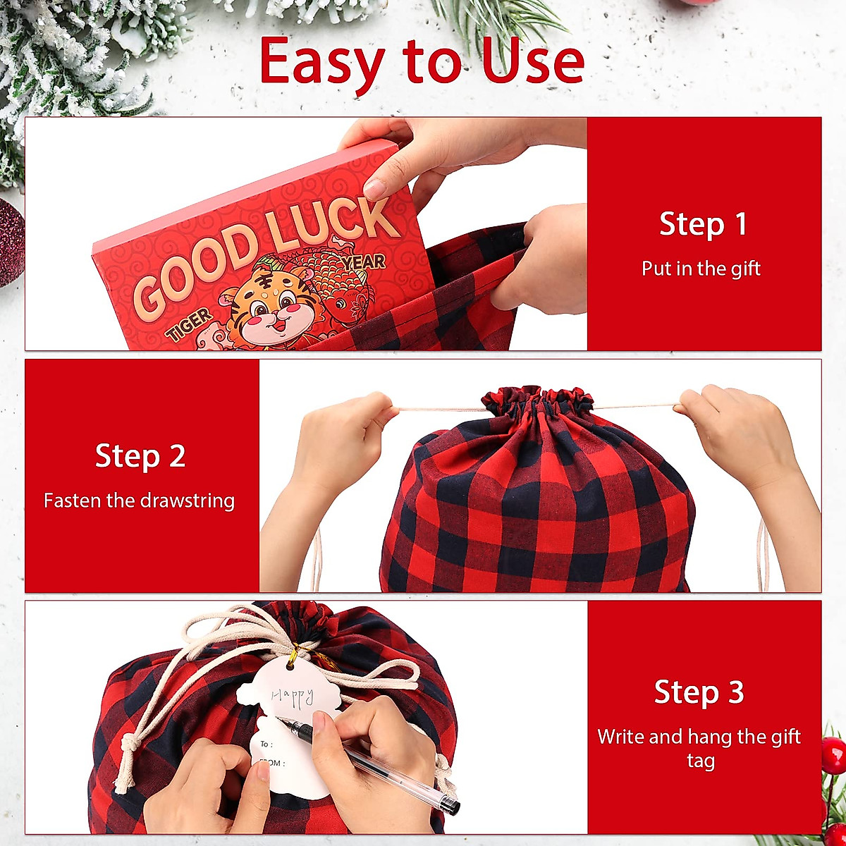 Aboofx 3 Pack Extra Large Christmas Bags with Drawstring, 31.5 x 17.7 Inch Large Plaid Fabric Bags Santa Sack Present Bags Stocking Storage for Christmas Party Xmas Ornaments Supplies