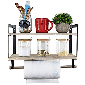 Spiretro Floating Shelves 2 Tier Wall Shelf, Spice Rack with Towel Tissue Bar, Metal Hooks Organize Mugs Utensils, Home Storage for Kitchen, Bathroom, Rustic Wood_Grey