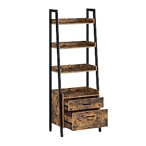 Rolanstar Bookshelf with Drawers, 4 Tier Ladder Bookshelf, Industrial Bookcases, Freestanding Display Plant Shelves with Metal Frame for Living Room, Small Space, Rustic Brown