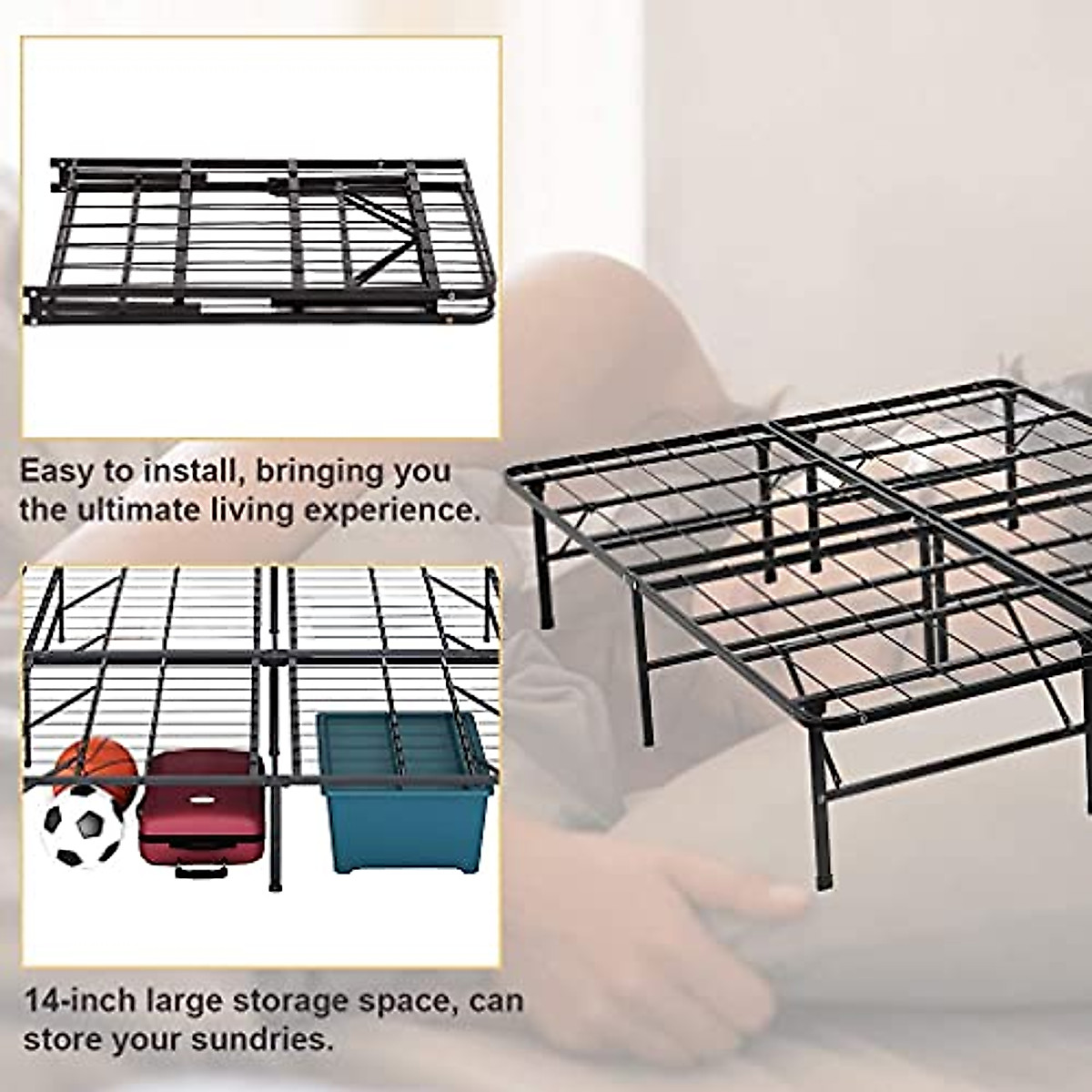 BIQWBIC Folding King Bed Frame, 14 Inch Metal Platform Bed Frame King Size Mattress Foundation, No Box Spring Needed King Size Bed Frame with Storage, Steel Slat Noise-Free, 5 Minute Assembly, Black