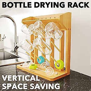 SpaceAid Bamboo Baby Bottle Drying Rack, Space Saving Kitchen Bottles Holder Organizer for Baby Bottle Rack Dryer Storage Accessories (Natural, 12 Bottles)