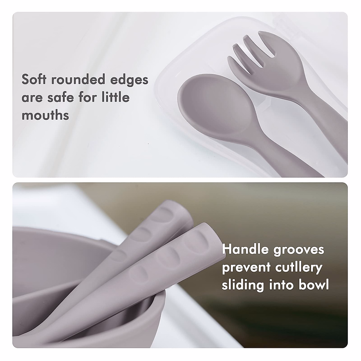 haakaa Toddler Forks and Spoons with Travel Safe Case,Self Feeding Toddler Utensils,Easy Grip Bendy Food-grade Silicone,Gray,12m+