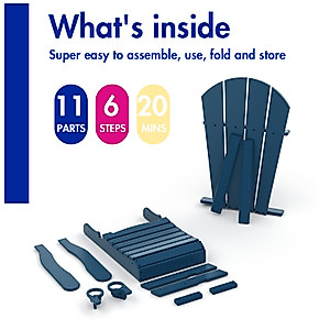 BRIOPAWS Folding Adirondack Chair with Ottoman, Weather Resistant HDPE Patio Chairs w/Cup Holders & Retractable Footrest for Poolside Lawn Fire Pit Deck Outdoor Porch Campfire, Blue, 1 Pack