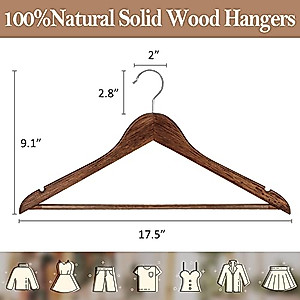 AMKUFO Wooden Hangers 20 Pack Wood Suit Hangers Non Slip Wooden Coat Hangers with Smooth Fnish Cut Notches 360° Swivel Hook Clothes Hangers for Jeans Pants Jackets Shirts Dresses, Walnut
