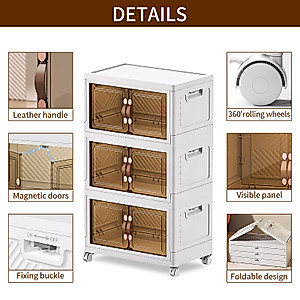 HPONQIONE Foldable Plastic Storage Box With Wheels and Doors XLLarge Storage Bin with Lid Organizers Stackable Storage Bins, Closet Organizers Double Door Magnetic with Universal Pulley(8.4Gal-3Pack)