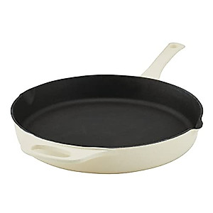 Rachael Ray NITRO Cast Iron Frying Pan/Skillet with Helper Handle and Pour Spouts, 12 Inch, Almond