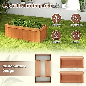 Giantex 2-in-1 Outdoor Bench, Wood Raised Garden Bed with Open Base, Teak Oil Finish, Rectangular Deep Planter Boxes for Flowers Fruit Vegetable, Bench Seat for Porch Yard Balcony Lawn