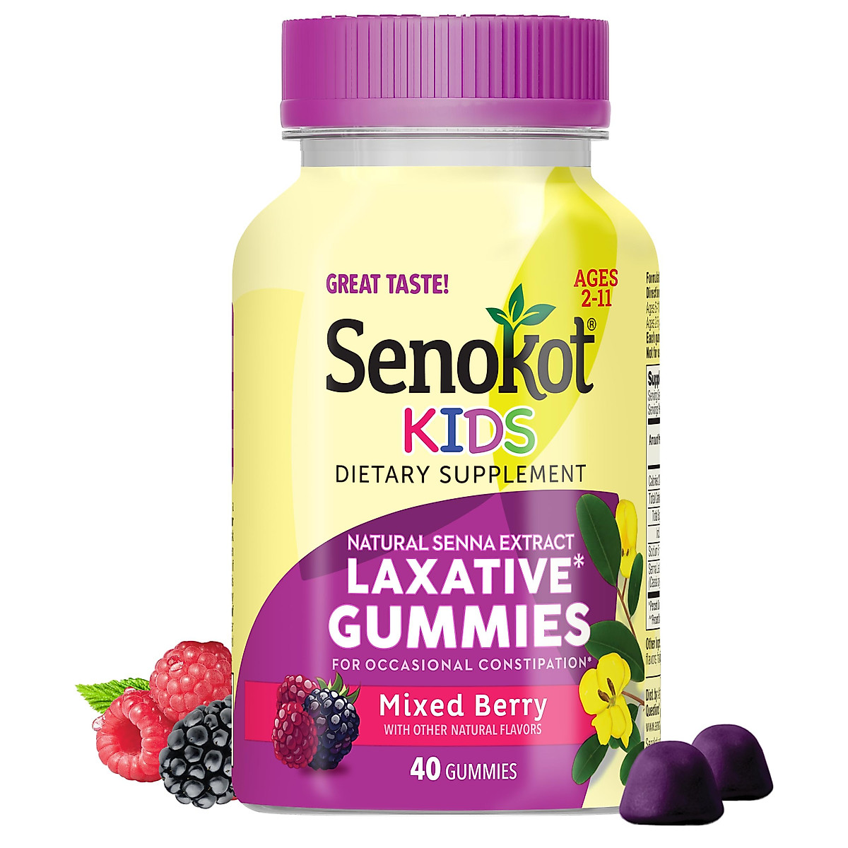 Senokot Kids Mixed Berry Laxative Gummies for Age 2+, Senna Extract for Gentle, Overnight Relief from Occasional Constipation, 40 ct