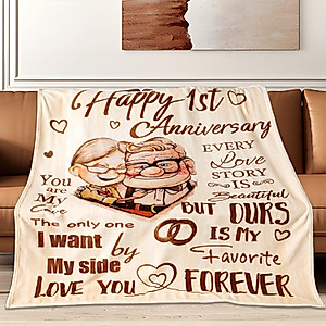 Wedding Anniversary Blanket 1 Year for Women Men - Happy 1st Anniversary 50" X 60" Soft Throw Blanket - Romantic Gift for Couple Wife Husband