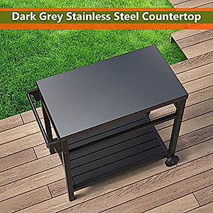 Outdoor Prep Dining Table,Movable Pizza Oven Stand, Stainless Steel Patio Bar Cart,Patio Grilling Backyard BBQ Grill Cart,Dark Gray Tabletop（Black）