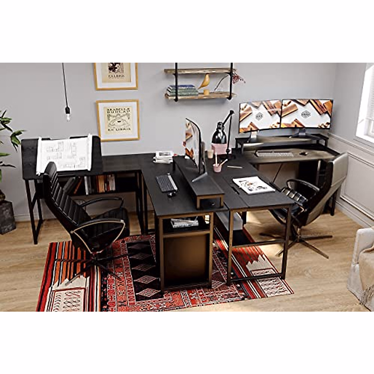 IRONCK L Shaped Desk Drafting Table with Storage Shelves, Corner Table with Tiltable Tabletop and Printer Monitor Shelf Multi-Usage Large Office Desk Workstation, Black