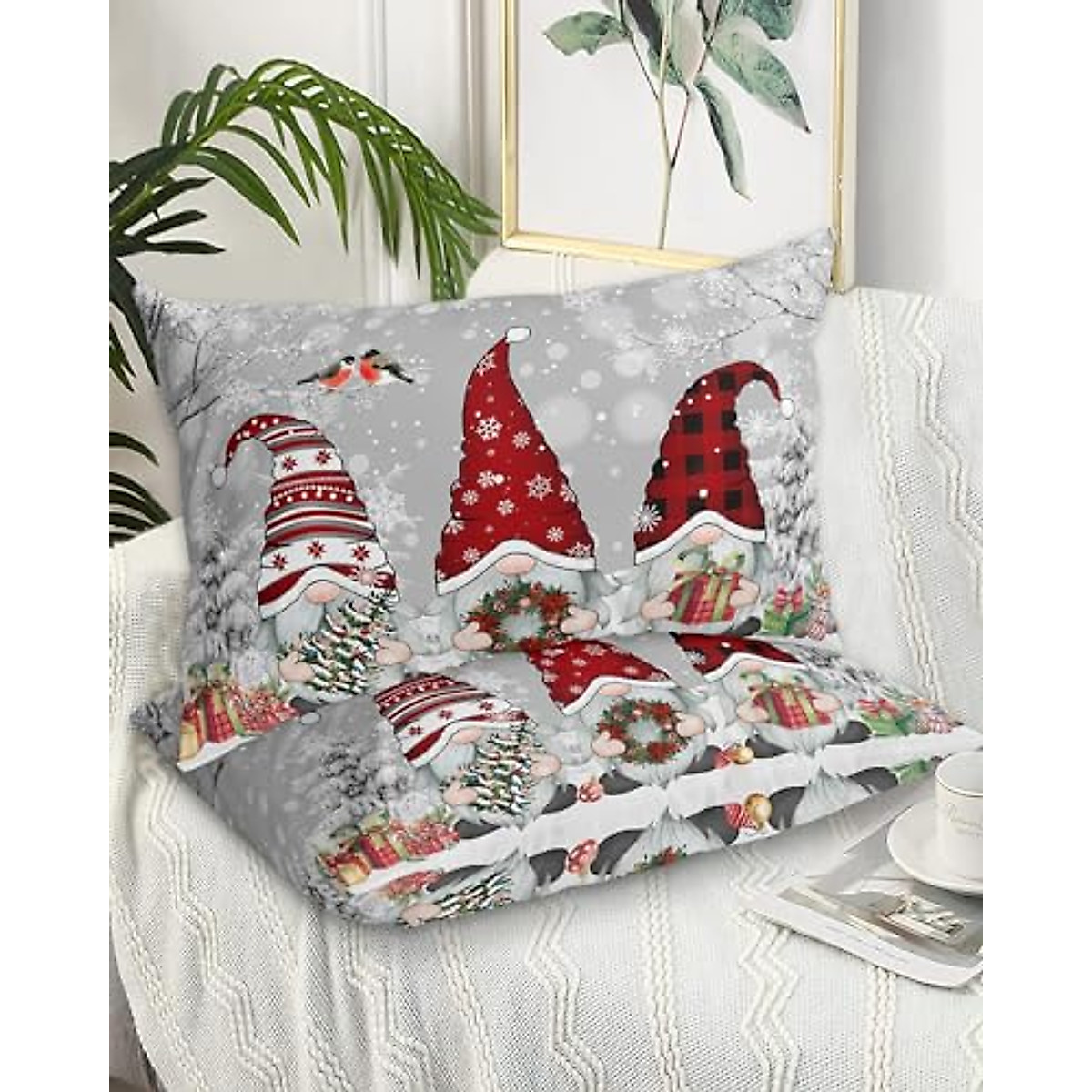 Edwiinsa Christmas Pillow Covers Standard Size Set of 2 20x26 Bed Pillow, Plush Soft Comfort for Hair/Skin Cooling Pillowcases with Envelop Closure Throw Covers Grey Gnomes Fantasy Snowy Tree Branch