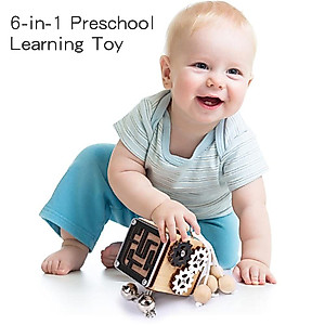 FIMIJORY Busy Cube for Toddlers 1-3 Year Old, Wooden Travel Toys for Toddlers, Busy Activity Board, Preschool Learning Toy, Lacing Beads Puzzles, 6in1 Learn to tie Shoes Toy Boys Girls