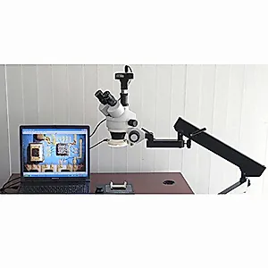 AmScope SM-7TZ-FRL Professional Trinocular Stereo Zoom Microscope, WH10x Eyepieces, 3.5X-90X Magnification, 0.7X-4.5X Zoom Objective, 8W Fluorescent Ring Light, Articulating-Arm Boom Stand, 110V-120V, Includes 0.5X and 2.0X Barlow Lenses