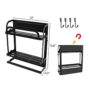 PENGKE Magnetic Spice Rack Organizer 2 Tier Refrigerator Storage Shelf with Paper Towel Holder and Removable Hooks,Strong Rustproof Magnetic Shelf,Black