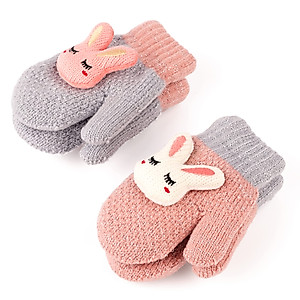 F Flammi 2 Pairs Toddler Mittens for Baby Boys Girls Winter Sherpa Lined Warm Knit Mittens Cartoon Bunny Kids Gloves (1-3 Years)