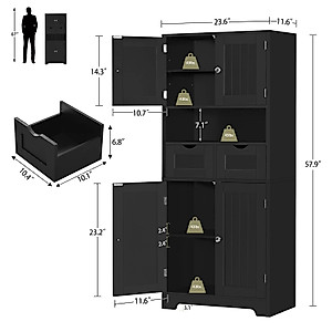 Iwell Tall Storage Cabinet with Adjustable Shelf, Bathroom Cabinet with 2 Drawers, Linen Cabinet for Living Room, Black