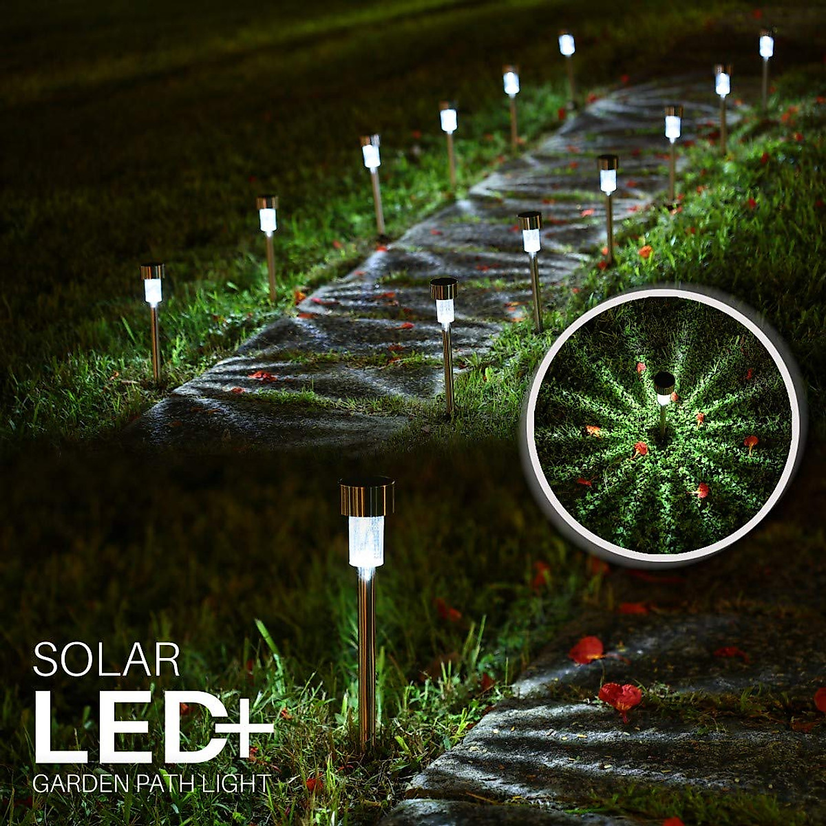 Outdoor Solar Lights Landscape Lighting: Deluxe 12 Pack Stainless Steel Solar Powered LED Patio Lights - Outside Pathway Deck Garden or Home Security Driveway & Backyard Path Light for Lawn or Walkway