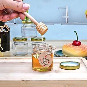 XING-RUIYANG 60 PACK 1.5 oz Mini Glass Honey Jar, Small Hexagonal Honey Jars with Wooden Dipper Gold Lid Bee Charms Gold Gift Bags and Rope for Baby Shower Wedding Party Favors