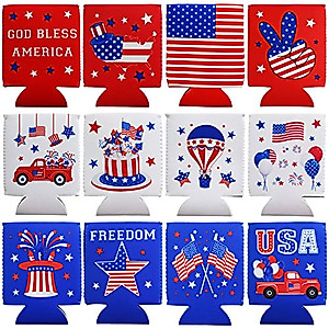 Tifeson 4th of July Decorations Outdoor, Patriotic Party Favors Supplies July 4th Decorations for Outside - 12 PACK USA Patriotic Koozies Insulated Covers Beer Can Cooler Sleeves for Independence Day