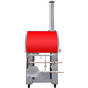 32.5" Outdoor Wood Fired Red Enamel Stainless Steel Artisan Pizza Oven or Grill with Waterproof Cover, Pizza Peel