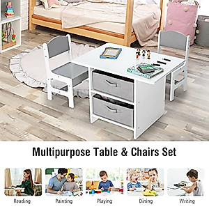 TUOCHUFUN Toddler Table and Chair Set, Wooden Kids Table and Chairs with Storage Baskets Puzzle, Activity Table Playset Furniture with Modern Gray Colors
