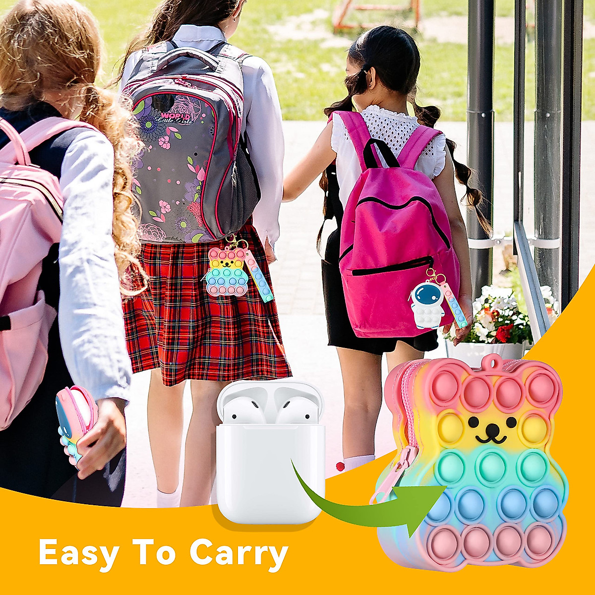 JoySolar Coin Purse Change Coins Fidget for Girls Kids Teen Women Pouches Mini Bubble Small Purses Monedero Fidgets Zipper Pouch Simple Dimple Lanyard Silicone Cute Kawaii Funny Fun (Color Bear)