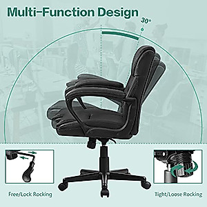 Shahoo Executive Office Chair Mid Back Swivel Computer Task, Ergonomic Leather-Padded Desk Seats with Lumbar Support,Armrests, Black