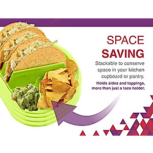 Fiesta Taco Plate by Arrow Home Products, 4 Pack - Each Plate Includes 3 Taco Holders Plus 2 Compartments - BPA Free Plastic, Made in the USA, Dishwasher Safe - Lime Green