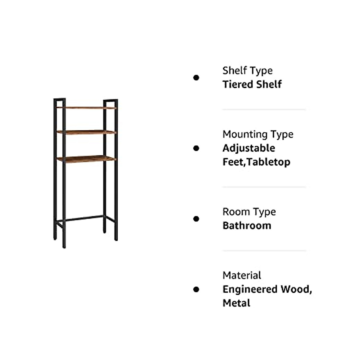HOOBRO Over The Toilet Storage, 3-Tier Industrial Over Toilet Bathroom Organizer, Bathroom Shelves Over Toilet with Adjustable Feet, Easy to Assembly, Rustic Brown BF41TS01