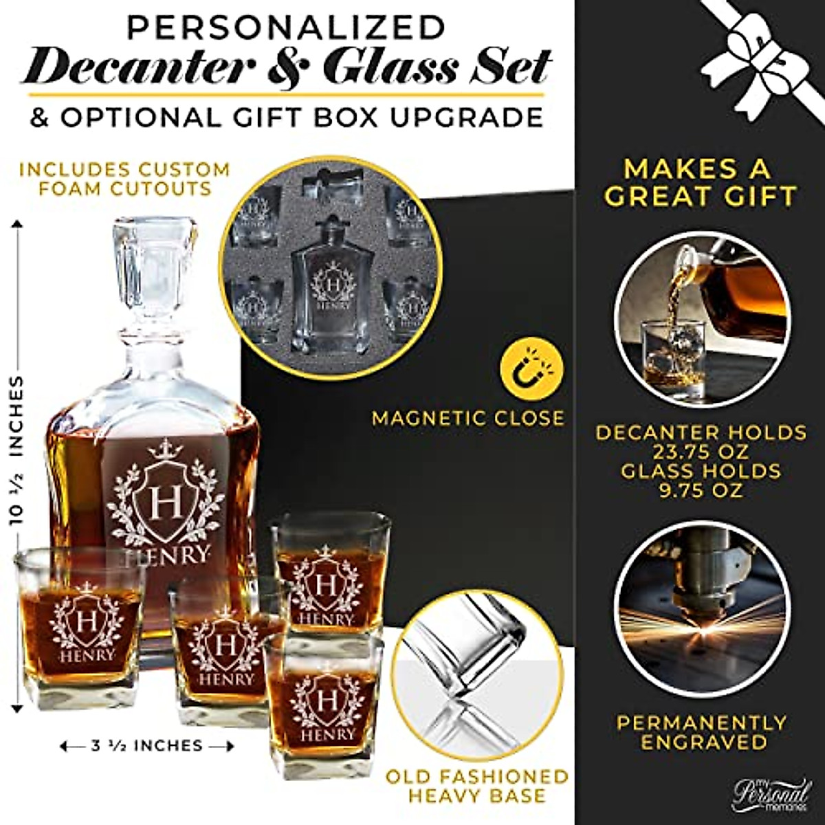 Personalized Custom Engraved Whiskey Decanter Set - Decanter and 4 Glasses Gifts Set - Custom Engraved Monogrammed with Shield Design