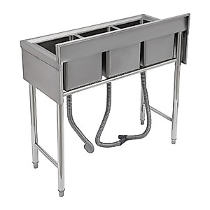 TBVECHI Free Standing Stainless Steel Kitchen Sink, Three Bowls Commercial Restaurant Utility Sink Set w/Hot and Cold Water Faucet, Prep & Utility Washing Hand Basin Sink w/Workbench Indoor Outdoor