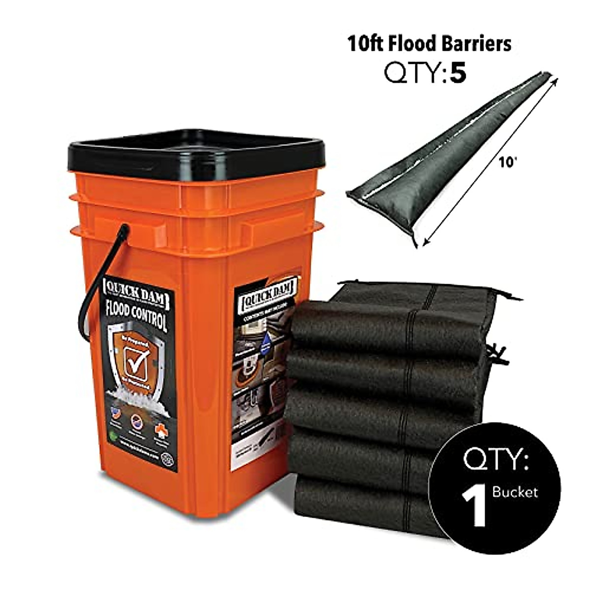 Quick Dam Grab & Go Flood Kit includes 5- 10ft Flood Barriers in Bucket