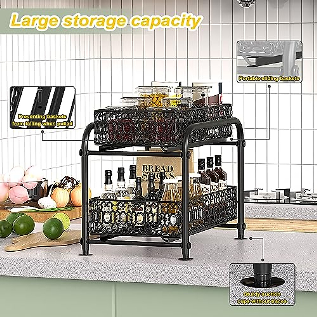 FORESTSUN Cabinet Pull Out Organizer, 2-Tier Under Sink Organizer with Sliding Storage Drawer, Non-slip Metal Pull Out Shelves for Bathroom, Kitchen,Cabinets, Countertops