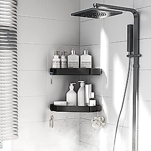 Corner Shower Caddy Organizer, 2 Pack Shower Shelves for Inside Shower, Adhesive Bathroom Wall Shower Organizer Accessories, Space Aluminum Corner Shower Shelf with 4 Hooks