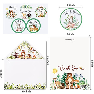 Hunanyume 50 Woodland Thank You Cards, 4×6 in Assorted Woodland Creatures Thank You Note Cards with Envelopes & Stickers, Bulk Cute Forest Animals Cards for Baby Shower and Kids Birthday