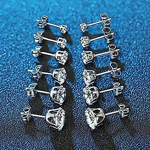 Surgical Steel Earrings Sterling Silver Earrings Stainless Studs for Most Ears 6 Pairs Round Clear Cubic Zirconia Earrings Multi Piercing Ears CZ Simulated Diamond Stud Earring Women Men Boys Girls…