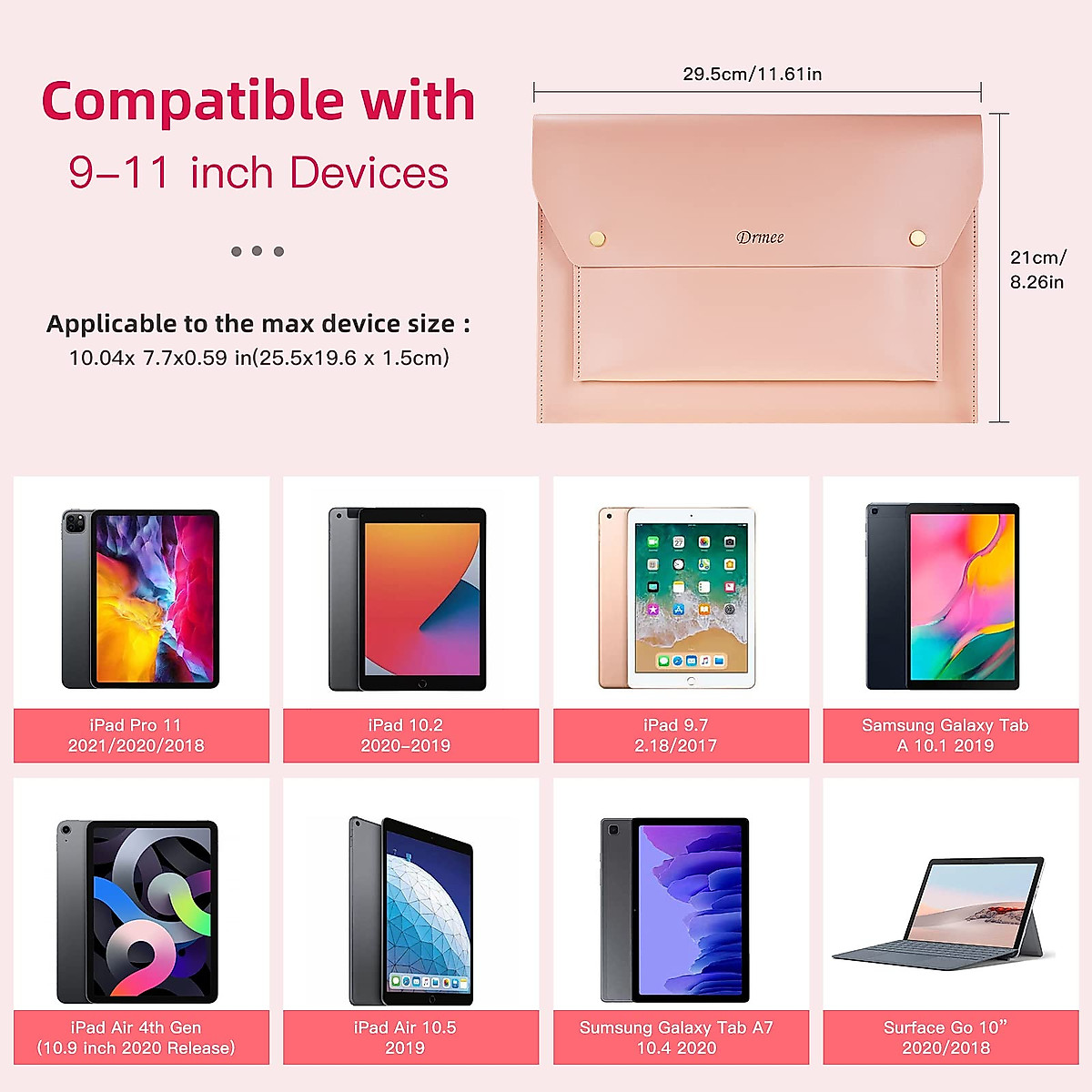 Devmlicor Leather Tablet Sleeve Case for 11 inch New iPad Pro / 10.9 inch New IPad Air 4/10.2/10.5/9.7 in New IPad, Samsung Galaxy Tab 10.1 Protective Bag, Fit Apple Smart Keyboard,Pink, 9-11 Inch