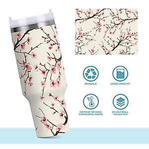 ALAZA Cherry Blossom Sakura Flower Floral 40 oz Tumbler Stainless Steel Water Bottle Vacuum Insulated Cup with Straw Lid & Handle For Travel Car Cup Holder