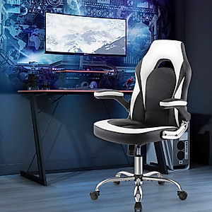 SMUG Gaming Ergonomic Office Computer Desk Racing Style Bonded Leather Gamer Chair, with Flip-Up Arms and Adjustable Height, White
