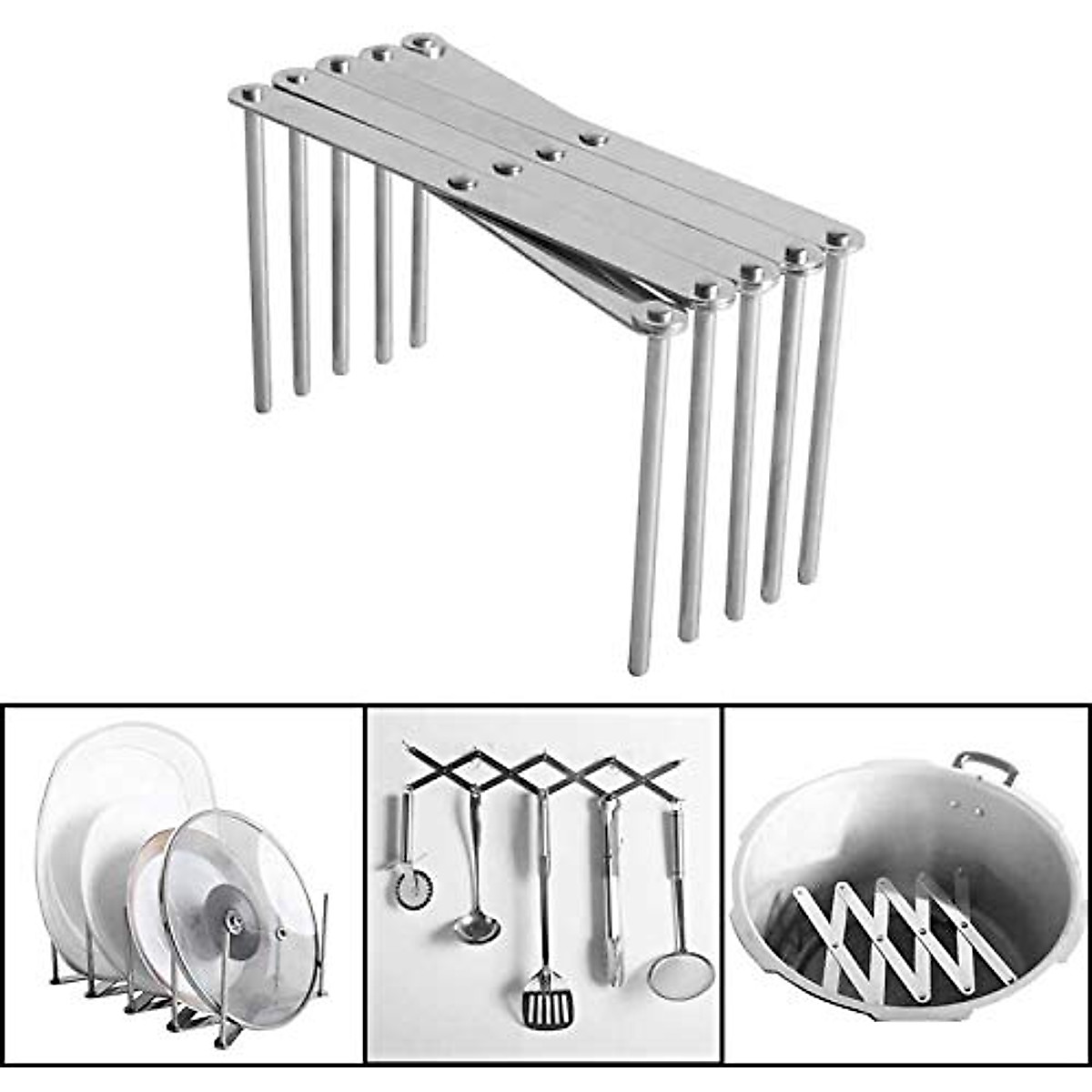 DRNKS Kitchen Utensil Organizer Stainless Steel Spoon Holder Storage Rack Pot Lid Plate Holder Rack 4 Sectional Adjustable Extended Suitable for Kitchen