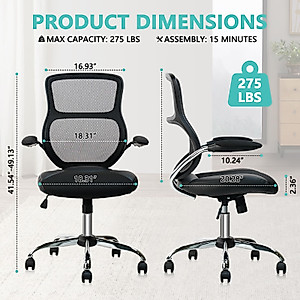 CLATINA Office Mesh Chair Ergonomic Rolling Computer Desk Chair with Flip-up Padded Armrest and Adjustable Height for Home or Office Conference Room (Black)