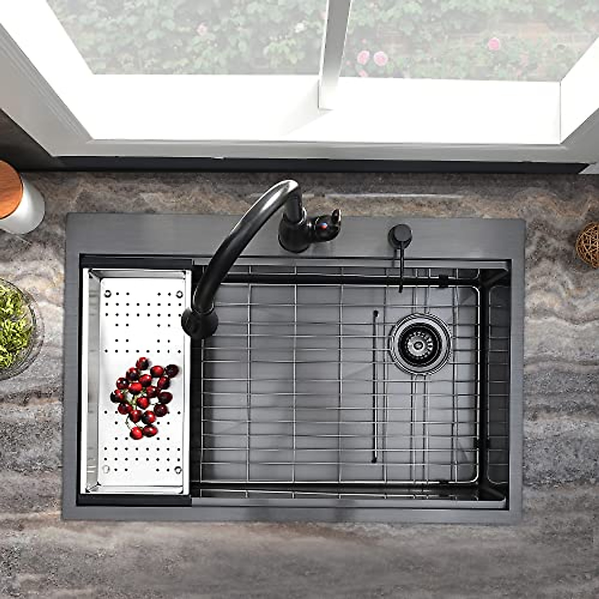 30 Inch Black Drop in Kitchen Sink Workstation, Jshozzy 30x22 Drop-in Top Mount Kitchen Sink Stainless Steel Black Kitchen Sink Single Bowl Deep Kitchen Sink with Offset Drain