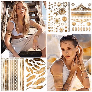 DPKOW 9 Sheets Gold Temporary tattoos, Gold Tattoos Temporary Metallic Tattoos Moon Star Butterfly Glitter Tattoos Festival Tattoos Flash Fake Waterproof Tattoo Stickers for Women Girls Body Art