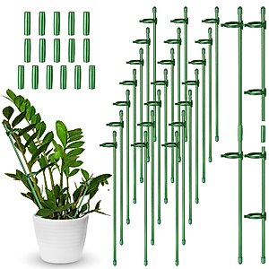 30 Pcs Adjustable Plant Support Stakes Garden Single Stem Support Stake Plant Cage Support Rings with Plant Clips and Connect Pipe for Orchid Rose Tomato, 12 Inch (Green)