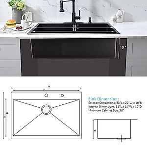 33 Inch Black Kitchen Sink Drop In-Bokaiya 33x22 Black Stainless Steel Drop In Kitchen Sink Topmount 16 Gauge Deep Matte Black Single Bowl Kitchen Sink with Dish Grid & Roll Up Rack