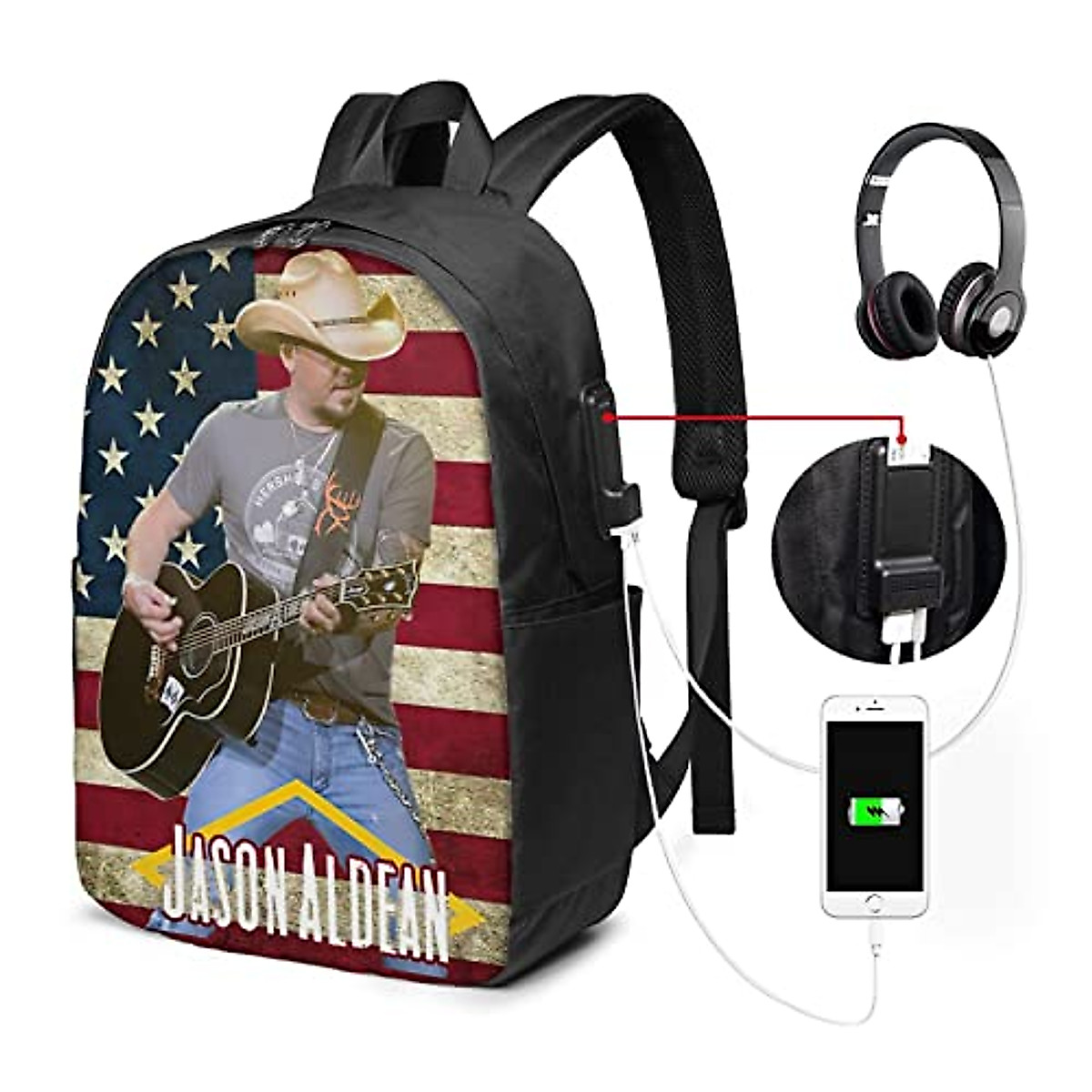 KUSHOP Jason Rock Band Aldean Laptop Backpack For Men Women Anti Theft Travel Work Backpack Durable College School Bookbag With Black One Size
